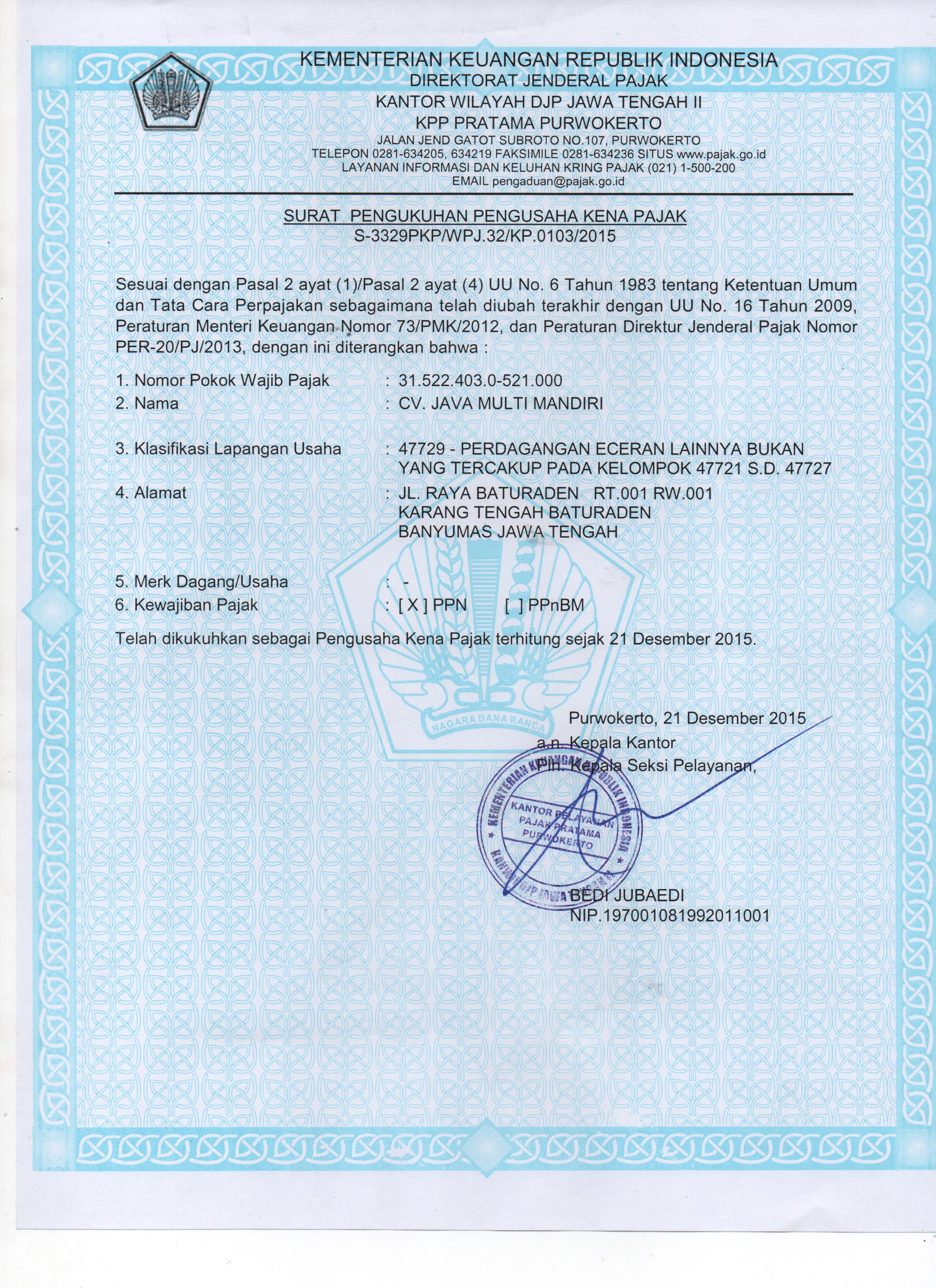 CV. Java Multi Mandiri Kab. Banyumas , Jawa Tengah Profil , Telepon, Alamat